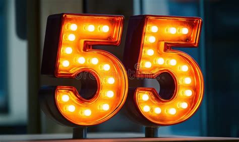 Bright Illuminated Number 55 Sign With Vintage Style Light Bulbs Stock