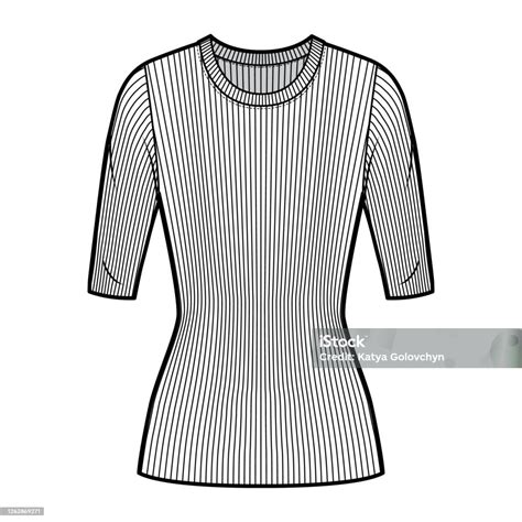 리브드 크루 넥 니트 스웨터 테크니컬 패션 일러스트와 팔꿈치 소매 밀착 모양 튜닉 길이 0명에 대한 스톡 벡터 아트 및 기타 이미지 0명 검은색 겨울 Istock