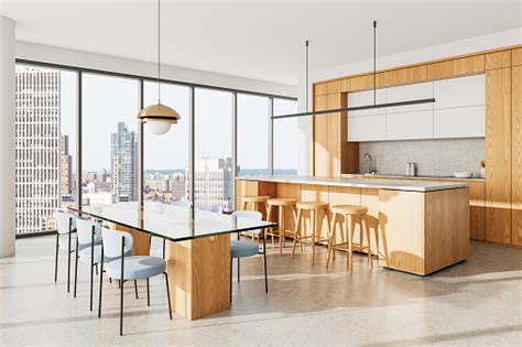 나무와 유리 요소로 꾸며진 현대적인 미니멀리스트 주방과 식당 인테리어 3d 렌더링 0명에 대한 스톡 사진 및 기타 이미지 0명 3차원 형태 가구 Istock