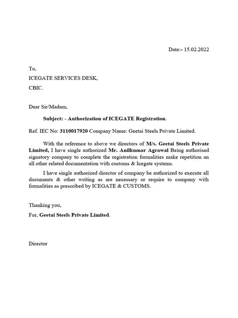 Icegate Registration Authorization Letter Pdf