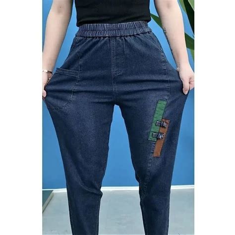 Badu Bg Еластична талия Топли дънки Дамски ежедневни широки пачуърк поларени харем Vaqueros