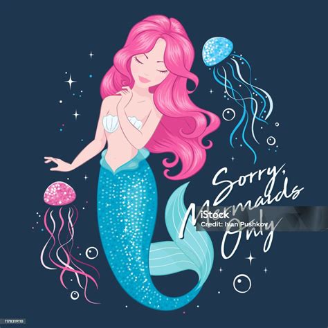 어두운 배경에 핑크 머리 인어 티셔츠 또는 어린이 패션 작품 어린이 책을위한 해파리와 귀여운 인어 현대적인 스타일로 그리기 패션 일러스트 인어 전용 텍스트입니다 여자 인어에