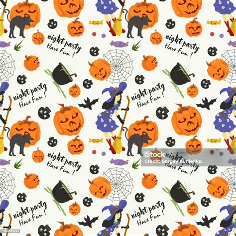 휴일 디자인에 대한 원활한 패턴 모든 성도 이브 할로윈 마녀 빗자루 검은 고양이 호박과 글자 플랫 벡터 일러스트 배경 주제에 대한 스톡 벡터 아트 및 기타 이미지 Istock