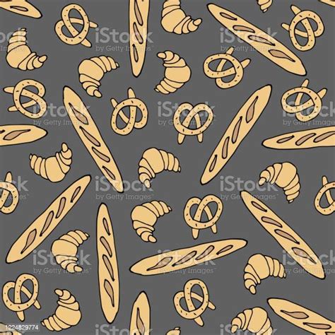 프레첼 크루아상 빵 바게트 배경 매끄러운 패턴 벡터 스케치 일러스트레이션 손으로 그린 패스트리 디지털 종이 빵 격리 된 상단 보기입니다 베이커리 제품 베이킹 및 판매용 크루