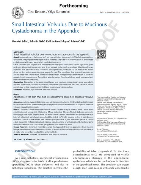 Pdf Small Intestinal Volvulus Due To Mucinous Cystadenoma In The Appendix