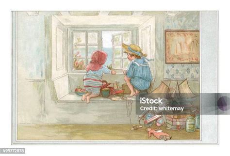 빅토이라 어린이 놀이 방 창을 통해 루킹 남자 아기에 대한 스톡 벡터 아트 및 기타 이미지 남자 아기 밀짚 모자 소년 Istock