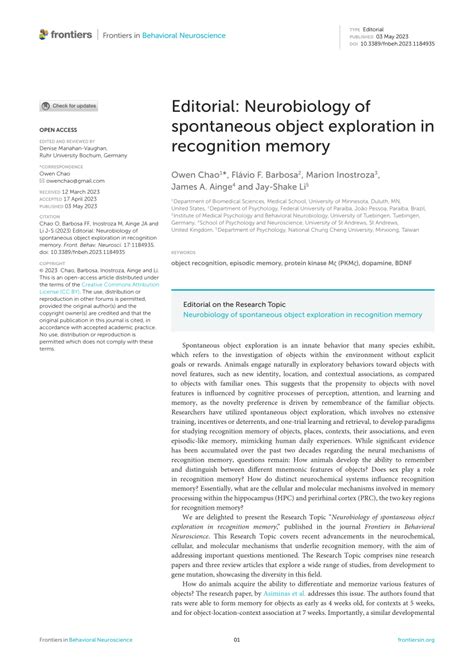 Pdf Editorial Neurobiology Of Spontaneous Object Exploration In