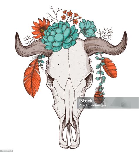 버팔로 해골과 꽃이 손으로 그린 그림 와일드 웨스트 프린트 벡터 일러스트레이션 문신 빈티지 인쇄 버팔로 해골과 꽃다발 티셔츠