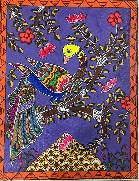 Madhubani Painting Of The Peacock Acrylic Painting On Canvas Folk Art