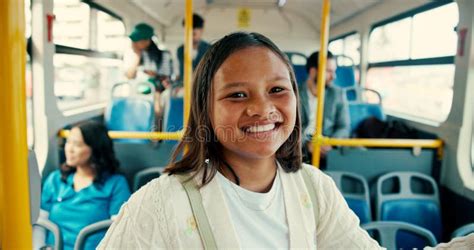 Portrait Bus And Girl With Smile Teenager And Travel With Public