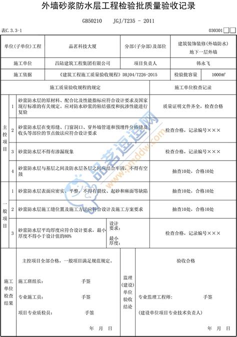 【c33 外墙防水】表c33 1 外墙砂浆防水层工程检验批质量验收记录品茗逗逗网品茗施工软件服务平台