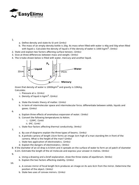 Physics Form 2 Term 3 Exam And Answers Pdf Liquids Density