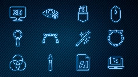 라인 설정 노트북 및 커서 베지어 곡선이 있는 원 교차 눈금자 연필 돋보기 음성 거품 텍스트 3d 마술 지팡이 및 적목 현상 아이콘 벡터 3차원 형태에 대한 스톡 벡터 아트