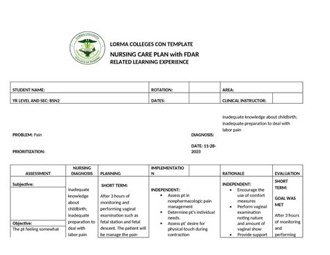 Ncp Actual Potential Lorma Colleges Con Template Nursing Care Plan With Fdar Related Learning