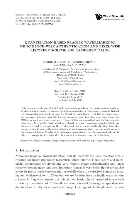 pdf quantization based fragile watermarking using block wise authentication and pixel wise