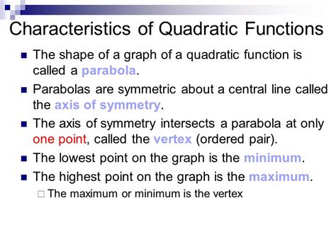 Characteristics Of Quadratic Functions Key