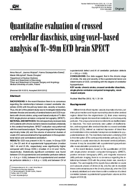 Pdf Quantitative Evaluation Of Crossed Cerebellar Diaschisis Using Voxel Based Analysis Of Tc
