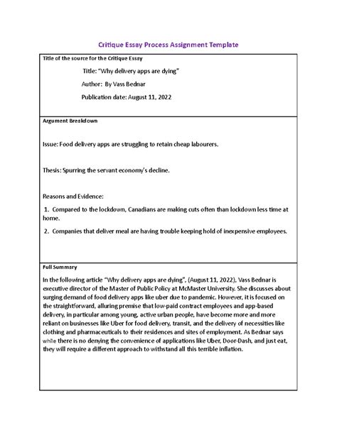 Critique Essay Process Assignment Template Meet Patel Critique Essay
