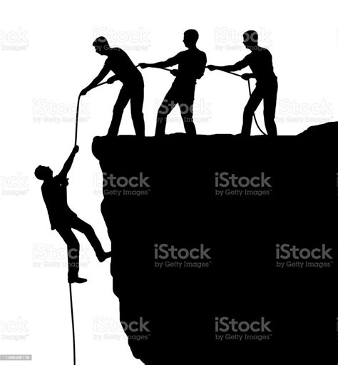 심연에서 남자를 끌어내는 세 명의 등반가의 실루엣 벡터 실루엣입니다 비즈니스 팀워크 개념 잡아 당기기에 대한 스톡 벡터 아트 및 기타 이미지 Istock