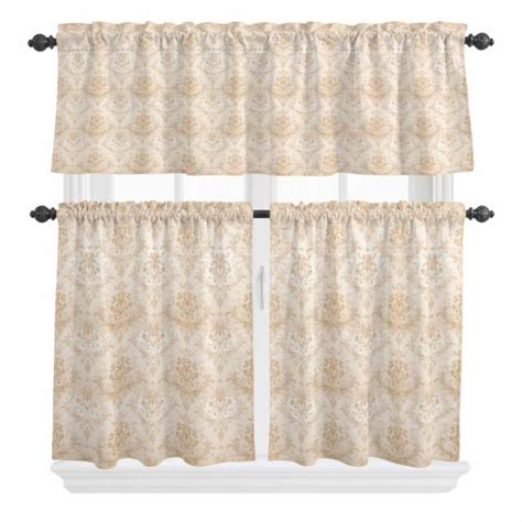 3 Piece Kitchen Curtains And Valances Set Beige Boho Floral Cafe