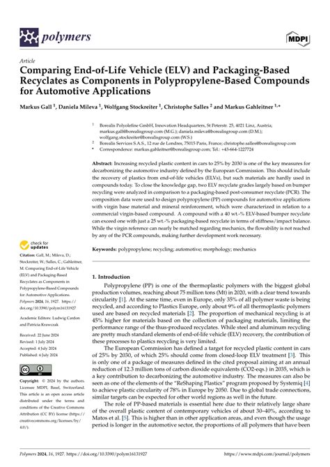 Pdf Comparing End Of Life Vehicle Elv And Packaging Based Recyclates As Components In