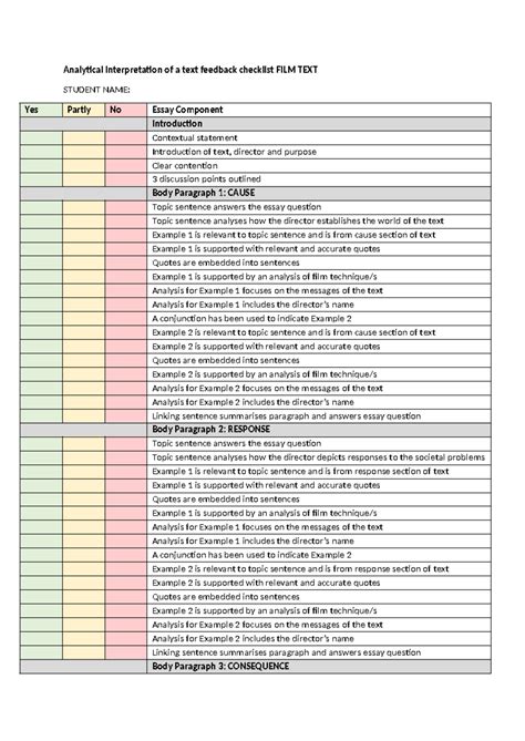 Film Text Analysis Checklist Text Response Essay Guide Studocu