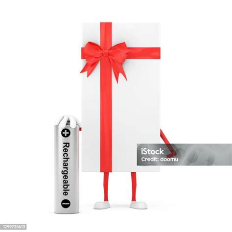 충전식 배터리가 있는 화이트 기프트 박스와 레드 리본 캐릭터 마스코트 3d 렌더링 놀라움에 대한 스톡 사진 및 기타 이미지 놀라움 디지털 생성 이미지 배경 주제