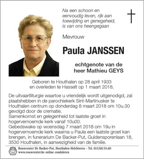 Paula Janssen † 01 03 2018 Inmemoriam