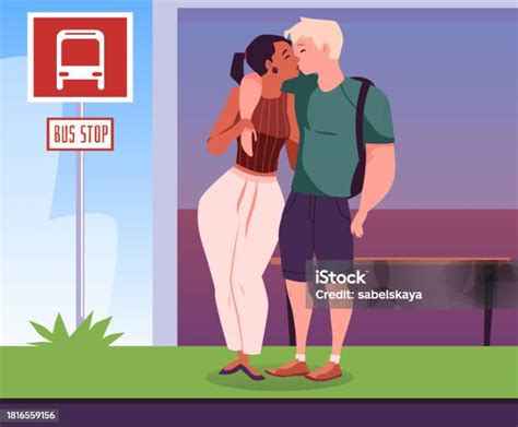 버스 정류장 역에서 포옹하고 키스하는 사랑하는 십대 커플 함께 시간을 보내는 벡터 낭만적 인 연인 거리에 대한 스톡 벡터 아트