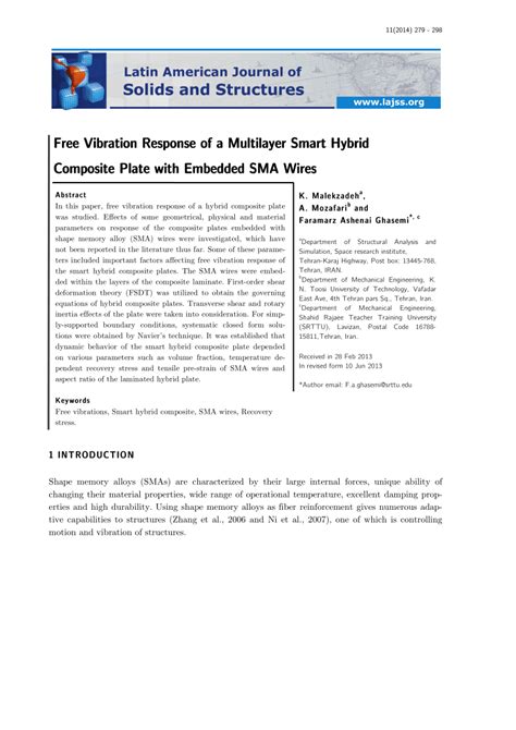Pdf Free Vibration Response Of A Multilayer Smart Hybrid Composite Plate With Embedded Sma Wires