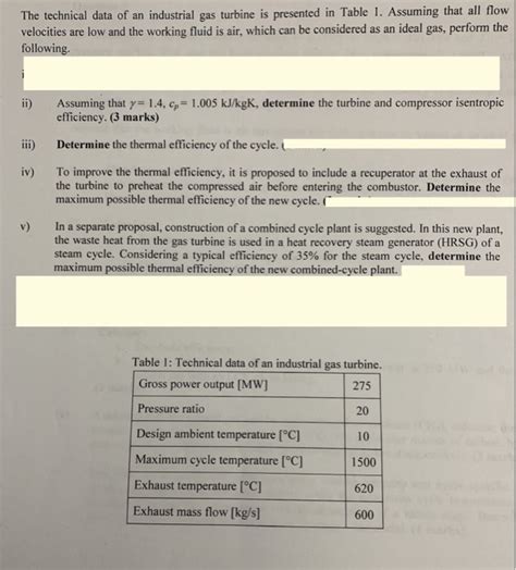 Solved The Technical Data Of An Industrial Gas Turbine Is Chegg