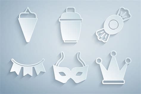 축제 마스크 사탕 깃발이 있는 카니발 화환 왕관 칵테일 셰이커 아이스크림을 와플 콘 아이콘으로 설정합니다 벡터 3차원 형태에 대한 스톡 벡터 아트 및 기타 이미지 Istock