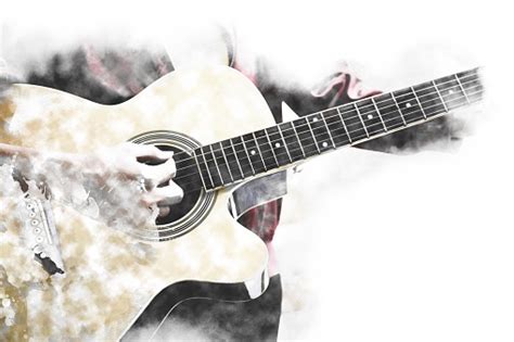 초록 아름 다운 예술 수채화 그림 배경 및 디지털 일러스트 브러쉬에 포그라운드에서 어쿠스틱 기타를 연주 Classical Concert에 대한 스톡 사진 및 기타 이미지