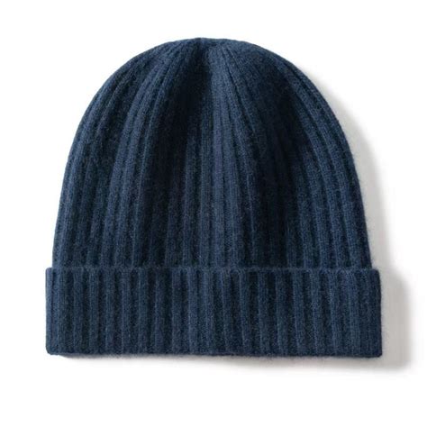 Unisex Ribbed Knit Cashmere Hats Warm Deep Cashmere Beanie Navy Blue M
