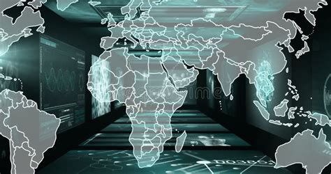 Digital Animation Of World Map Overlay In Futuristic School Corridor