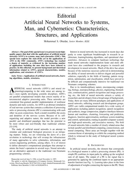 Editorial Artificial Neural Networks To Systems Man And Cybernetics Characteristics