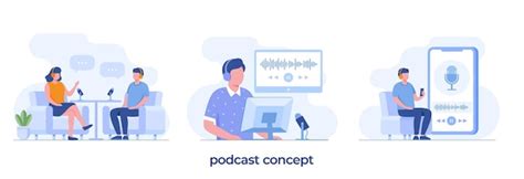 팟캐스트 오디오 방송 라이브 스트리밍 개념 그림 평면 벡터 템플릿 및 배경 프리미엄 벡터