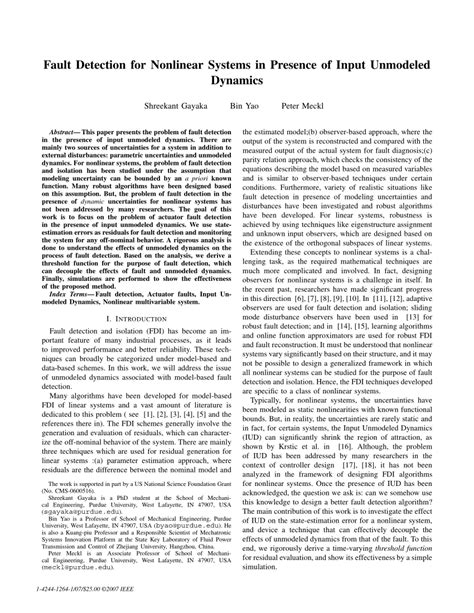 Pdf Fault Detection For Nonlinear Systems In Presence Of Input