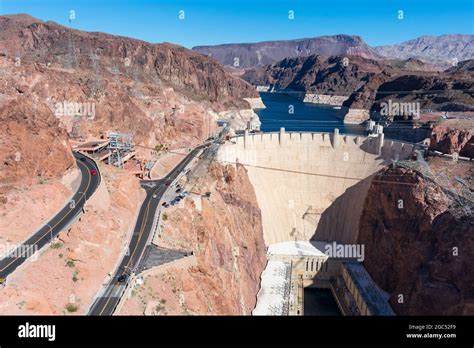 Aerial View Of Hoover Dam And Low Water Level Lake Mead On Colorado