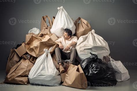Man Sits On Top Of Pile Of Garbage Bags Concept Of Overconsumption And