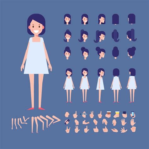 애니메이션을 위한 웃는 소녀 다양한 헤어스타일 감정 립싱크 및 제스처 전면 후면 보기 프리미엄 벡터