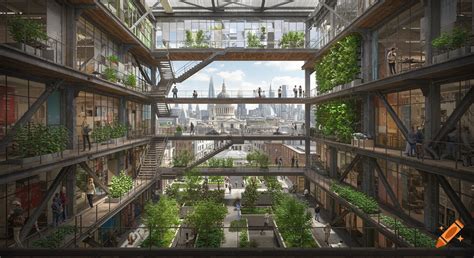 A Photorealistic Render Of A Multi Level Open Air Atrium In A