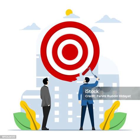 Kpi 개념 핵심 성과 지표 또는 목표 설정 및 달성 목표 목표 또는 비즈니스 목표 설정 페인트 롤러를 사용하여 다트 판 양궁 목표를 칠하는 야심 찬 사업가 Purpose