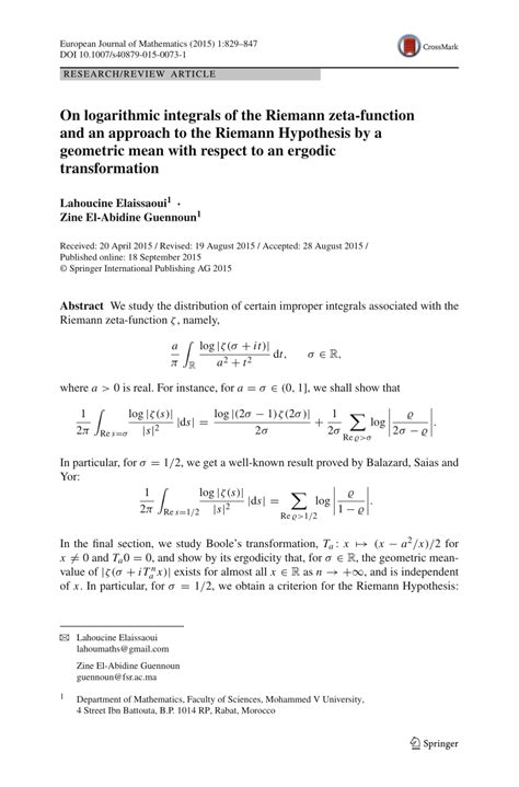 Pdf On Logarithmic Integrals Of The Riemann Zeta Function And An Approach To The Riemann