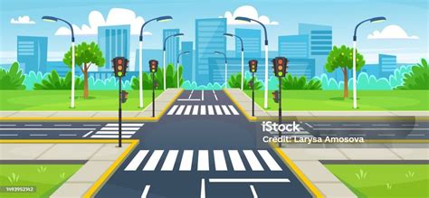 신호등이 있는 텅 빈 도시 교차로 만화 스타일의 운전 배경 도시 거리에 대한 스톡 벡터 아트 및 기타 이미지 도시 거리