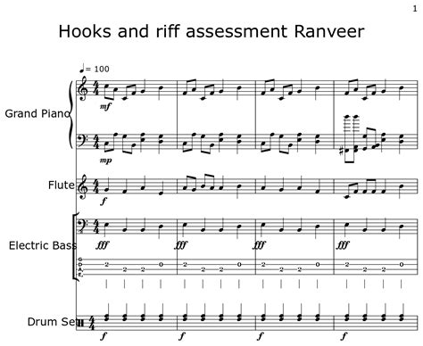 Hooks And Riff Assessment Ranveer Sheet Music For Piano Flute Electric Bass Drum Set