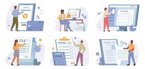 세금 지불 벡터 일러스트레이션 세트입니다 인보이스 세금 청구서 재무 연간 회계 계산 및 지불 예산 분석 및 거래 급여 플랫 만화를 가진 사람들 계산기에 대한 스톡 벡터 아트
