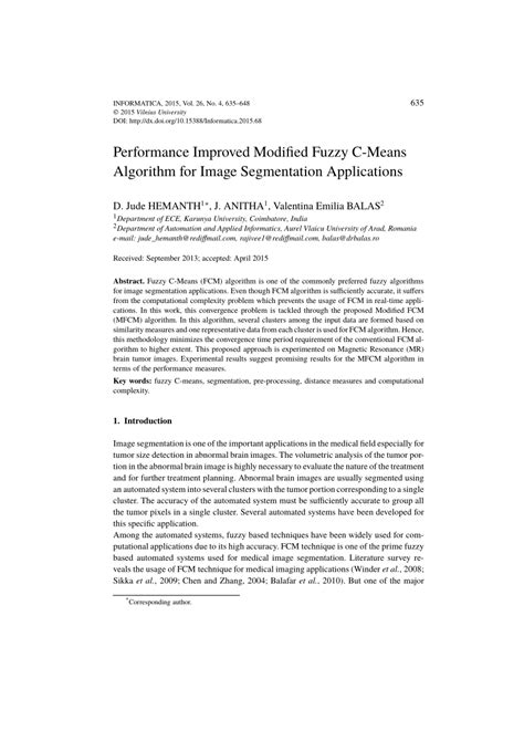 PDF Performance Improved Modified Fuzzy C Means Algorithm For Image Segmentation Applications