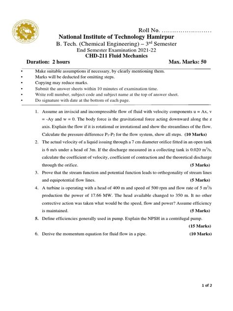 fm end sem question paper 2021 pdf fluid dynamics pump