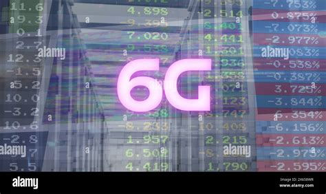 Image Of 6g Text Banner Over Stock Market Data Processing Against